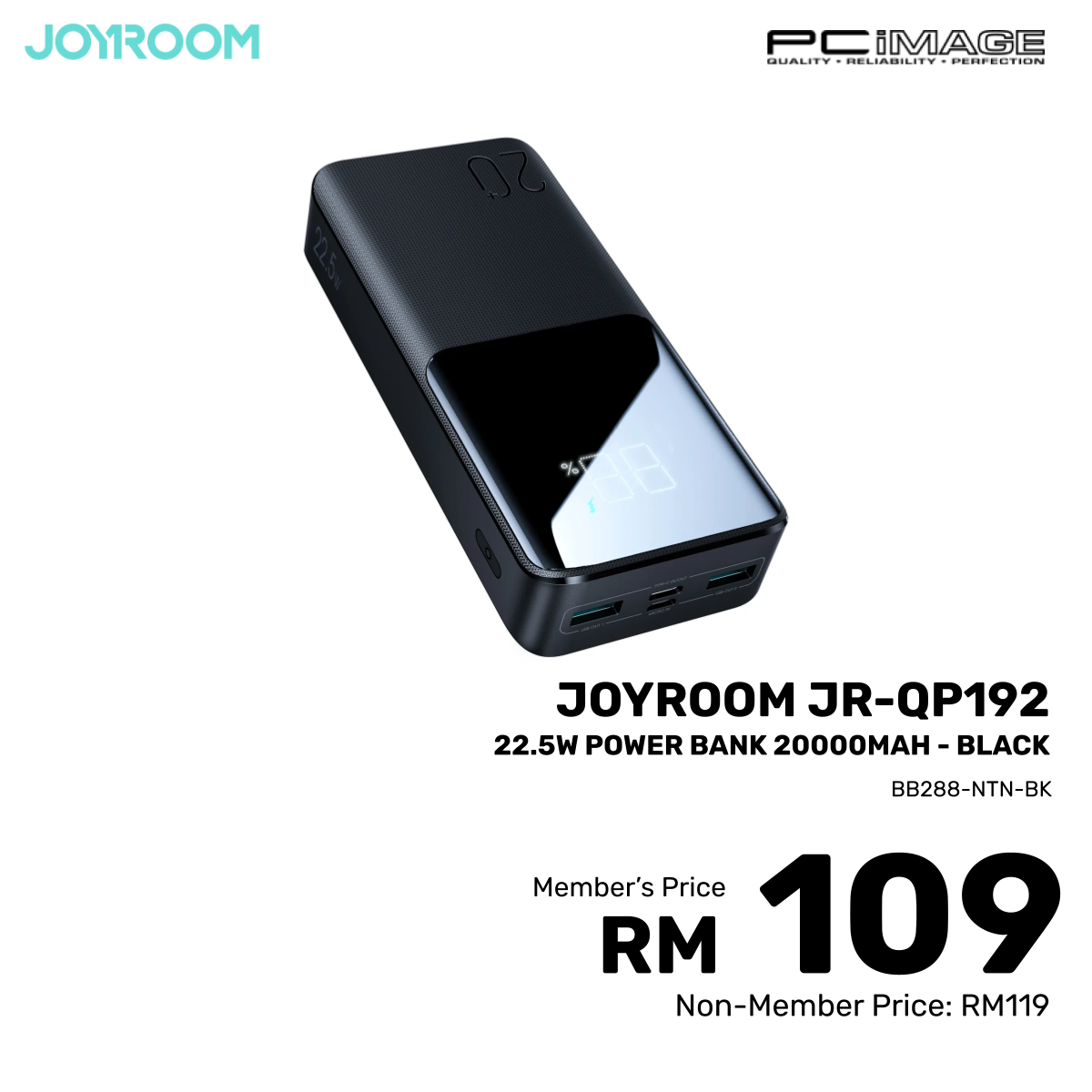 JOYROOM JR-QP192 22.5W Power Bank 20000mAh Black | PC Image