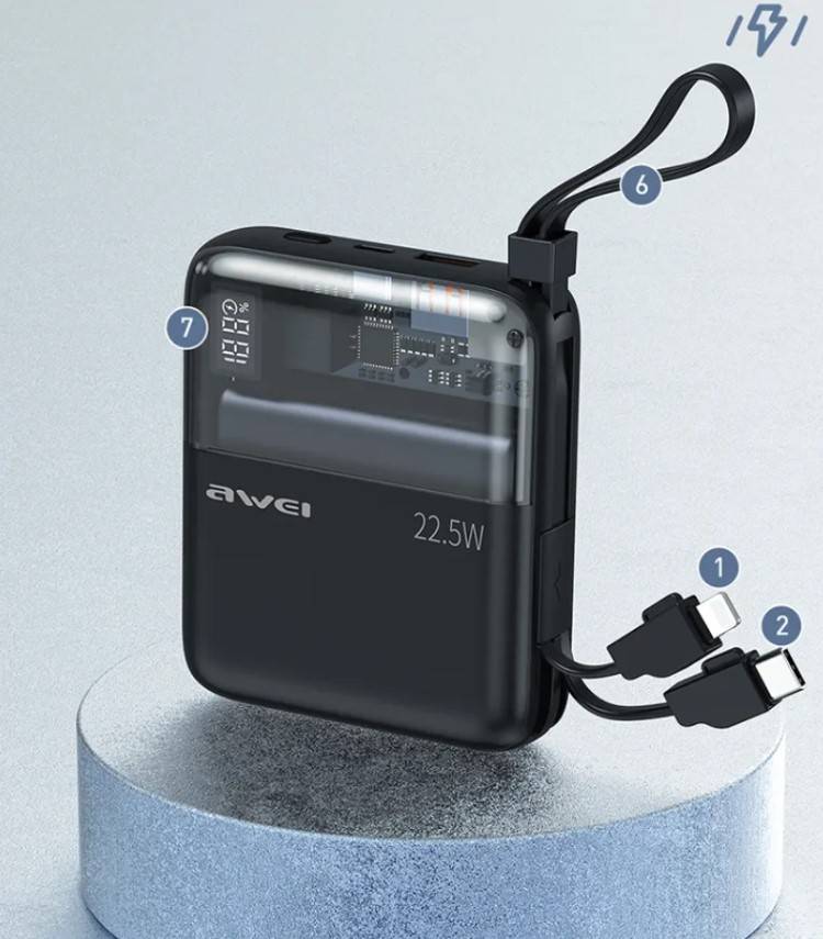 AWEI P149K 22.5W MULTIPLE OUTPUT WITH TYPE-C + LIGHTNING CABLE 10000MAH ...