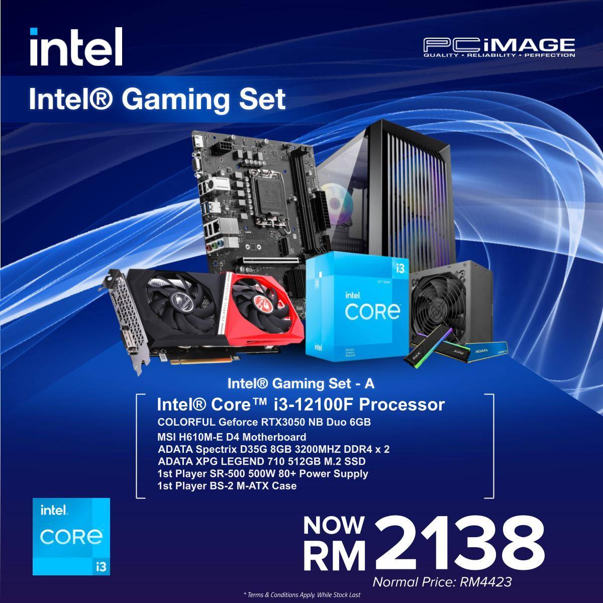 INTEL GAMING SET A PC - INTEL CORE i3-12100F/ COLORFUL GEFORCE RTX 3050 NB DUO 6GB/ MSI H610M-E ...